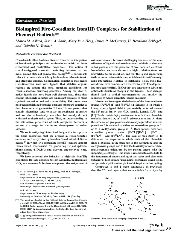 (PDF) Bioinspired Five-Coordinate Iron(III) Complexes for Stabilization ...