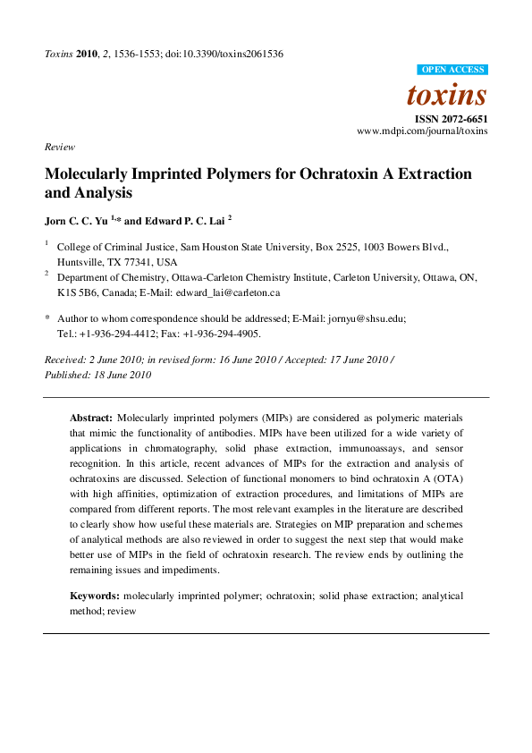 (PDF) Molecularly imprinted polymers for ochratoxin a extraction and analysis