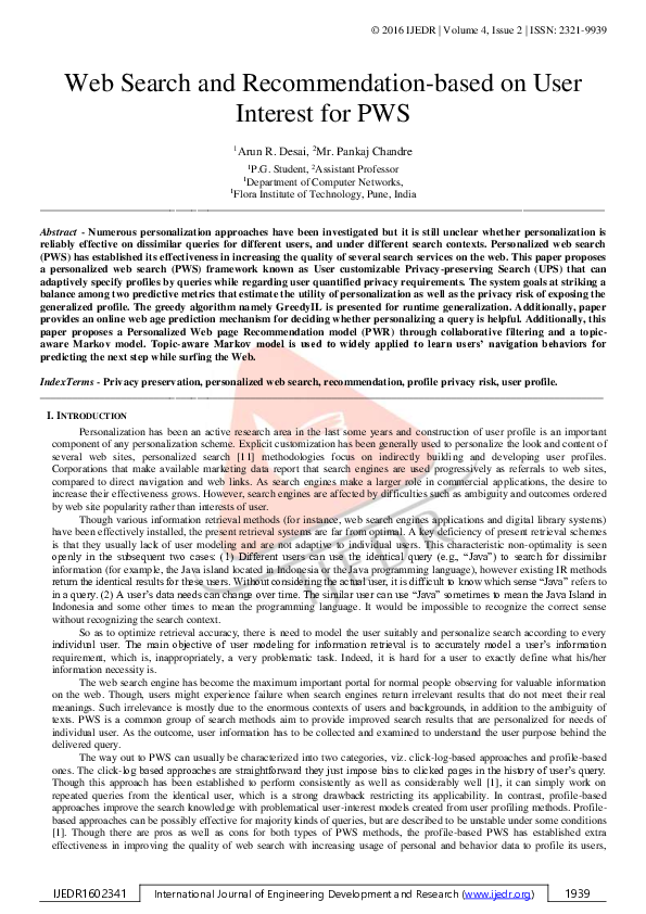 (PDF) Web Search and Recommendation-based on User Interest for PWS