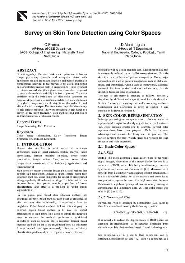 Pdf Survey On Skin Tone Detection Using Color Spaces