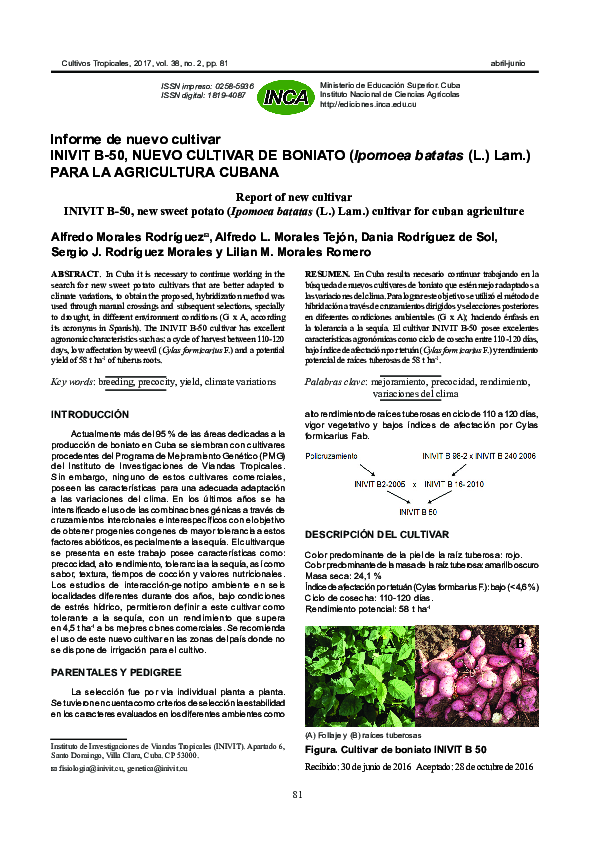 (PDF) Informe de nuevo cultivar INIVIT B-50, NUEVO CULTIVAR DE BONIATO (Ipomoea batatas (L.) Lam ...