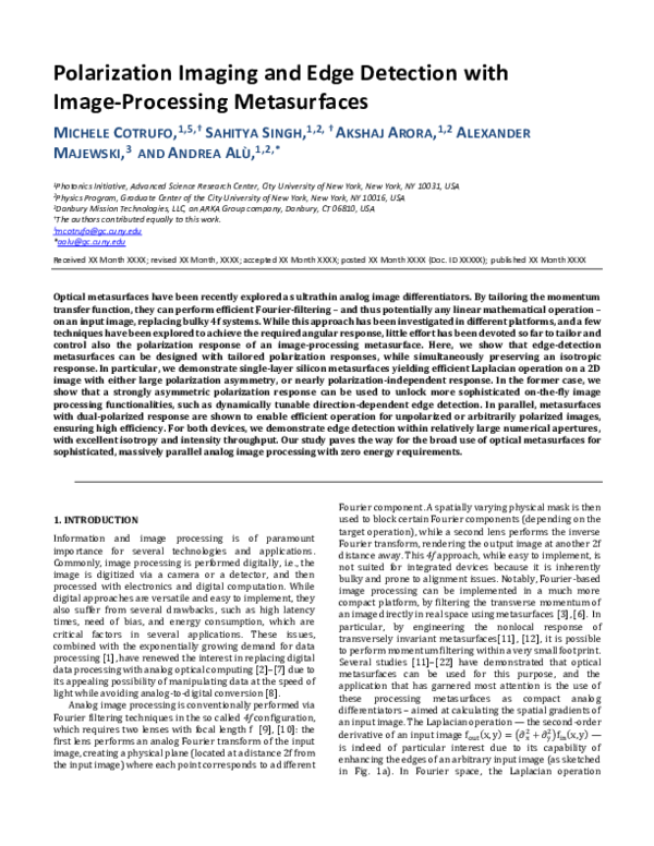 (PDF) Polarization Imaging and Edge Detection with Image-Processing Metasurfaces