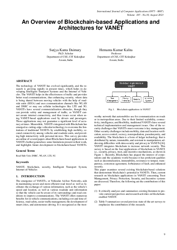 (PDF) An Overview of Blockchain-based Applications and Architectures for VANET