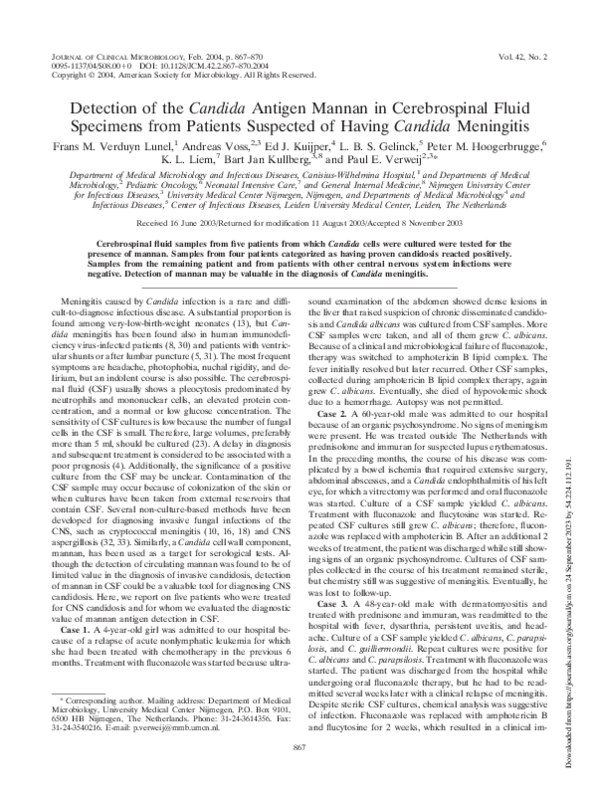 (PDF) Detection of the Candida Antigen Mannan in Cerebrospinal Fluid Specimens from Patients ...