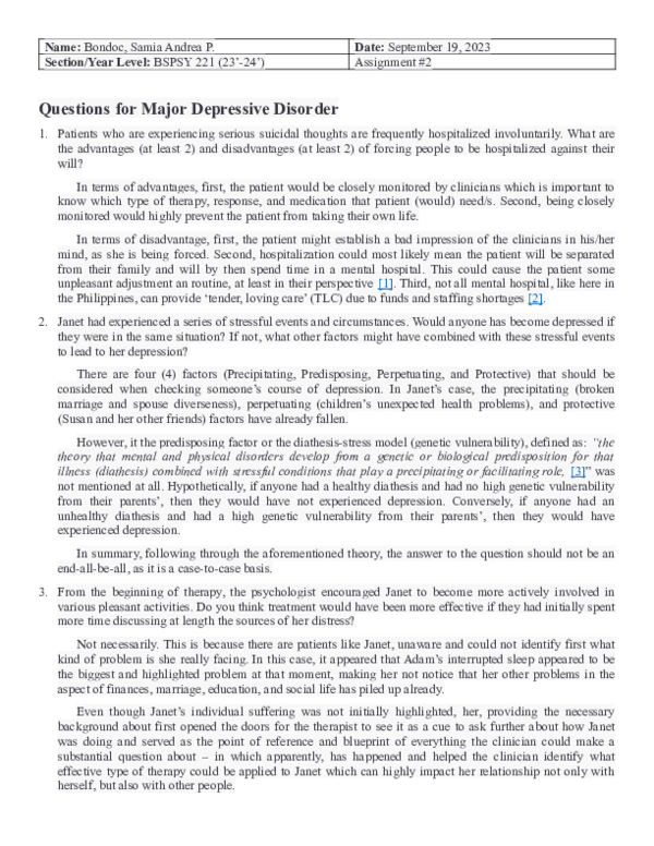 (DOC) ABNORMAL PSYCHOLOGY: Major Depressive Disorder (MDD) CASE STUDY 1