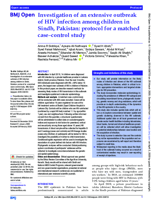 (PDF) Investigation of an extensive outbreak of HIV infection among children in Sindh, Pakistan ...