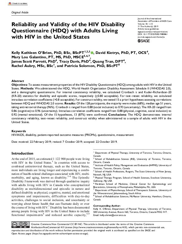 (PDF) Reliability and Validity of the HIV Disability Questionnaire (HDQ ...