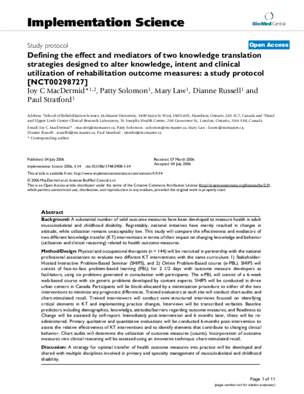 (PDF) Implementation Science BioMed Central Study protocol