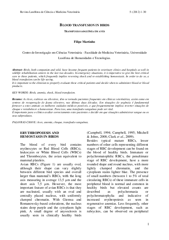 (PDF) BLOOD TRANSFUSION IN BIRDS TRANSFUSÃO SANGUÍNEA EM AVES