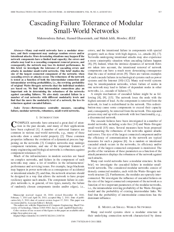 (PDF) Cascading Failure Tolerance of Modular Small-World Networks