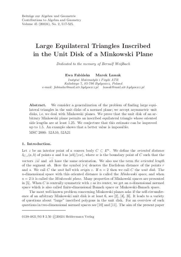 (PDF) Large Equilateral Triangles Inscribed in the Unit Disk of a Minkowski Plane | Marek Lassak ...