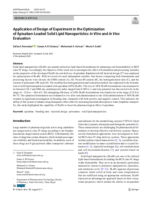 Pdf Application Of Design Of Experiment In The Optimization Of Apixaban Loaded Solid Lipid