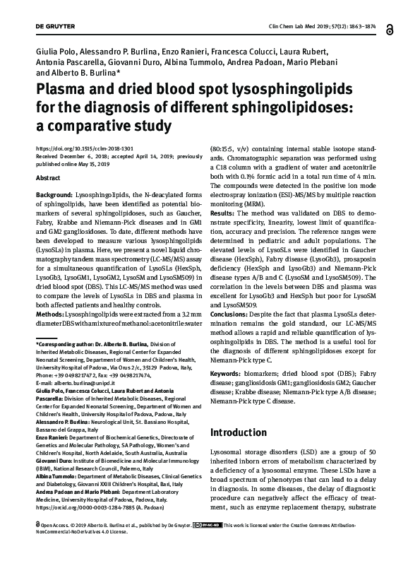 (PDF) Plasma and dried blood spot lysosphingolipids for the diagnosis ...