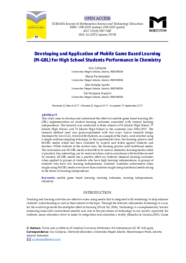 (PDF) Developing and Application of Mobile Game Based Learning (M-GBL) for High School Students ...