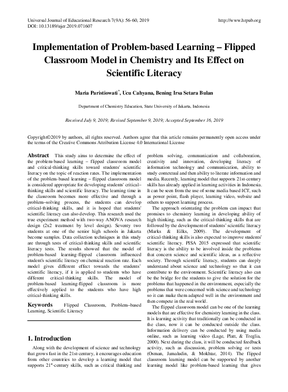 (PDF) Implementation of Problem-based Learning – Flipped Classroom Model in Chemistry and Its ...