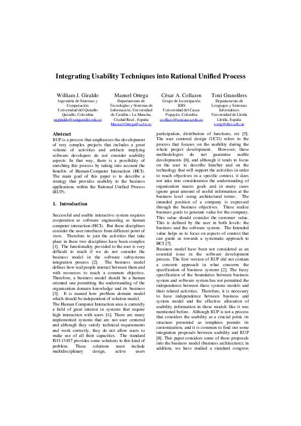 (PDF) Integrating Usability Techniques into Rational Unified Process