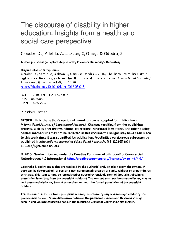 (PDF) The discourse of disability in higher education: Insights from a ...