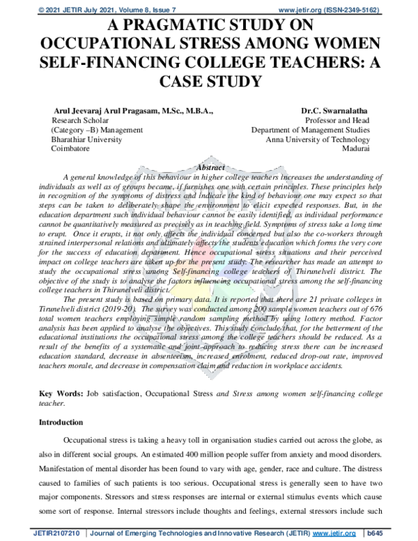 (PDF) A Pragmatic Study on Occupational Stress Among Women Self-Financing College Teachers: A ...