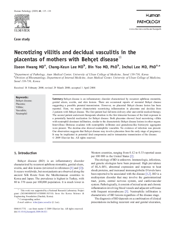 (PDF) Necrotizing villitis and decidual vasculitis in the placentas of ...