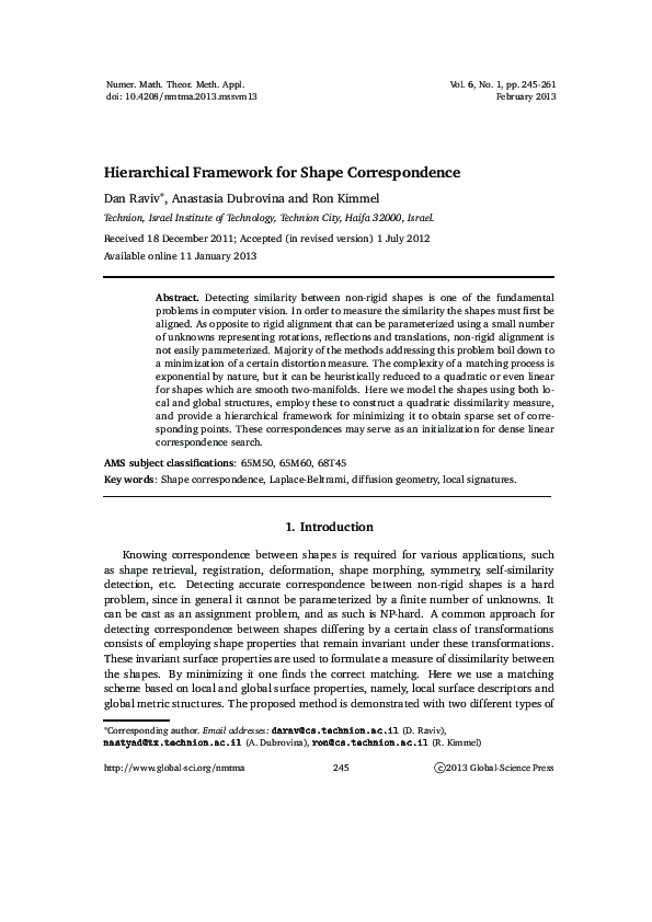 (PDF) Hierarchical Framework for Shape Correspondence