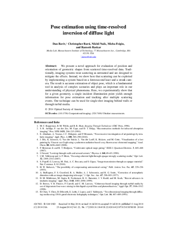 (PDF) Pose estimation using time-resolved inversion of diffuse light | Dan Raviv - Academia.edu