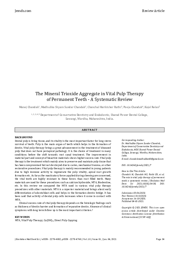 (PDF) The Mineral Trioxide Aggregate in Vital Pulp Therapy of Permanent ...