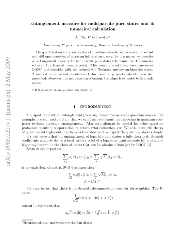 (PDF) Entanglement measure for multipartite pure states and its ...