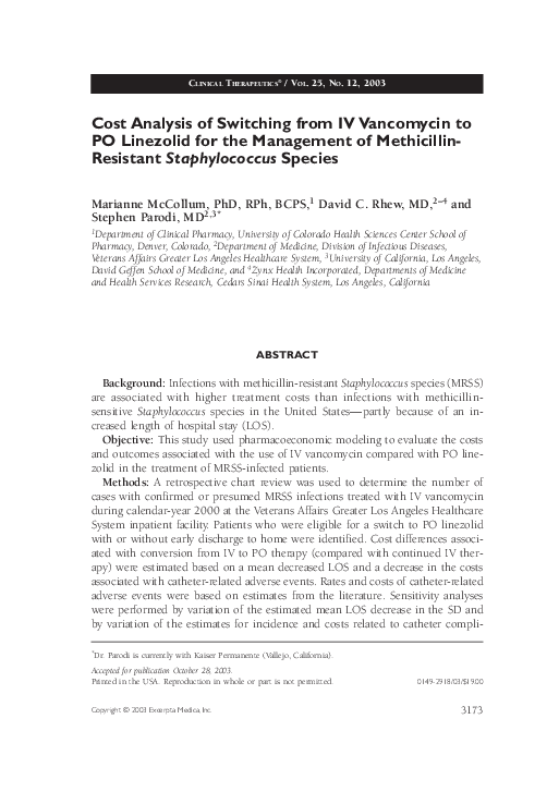 (PDF) Cost analysis of switching from IV vancomycin to PO linezolid for the management of ...