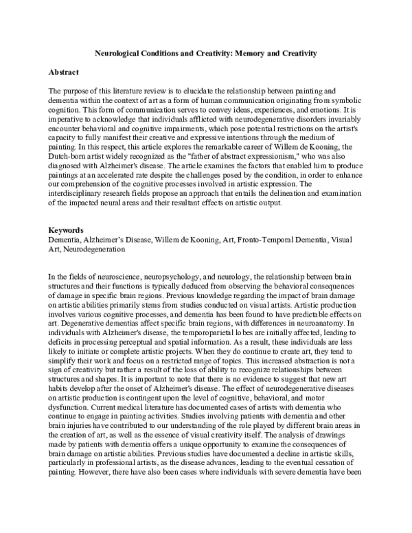 (PDF) Neurological Conditions and Creativity: Memory and Creativity