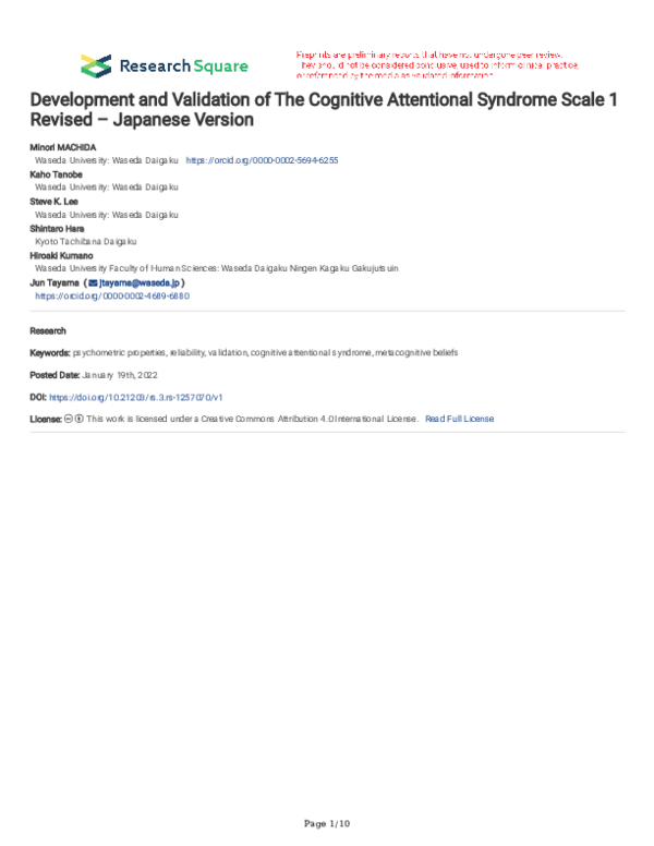 Pdf Development And Validation Of The Cognitive Attentional Syndrome Scale 1 Revised Japanese