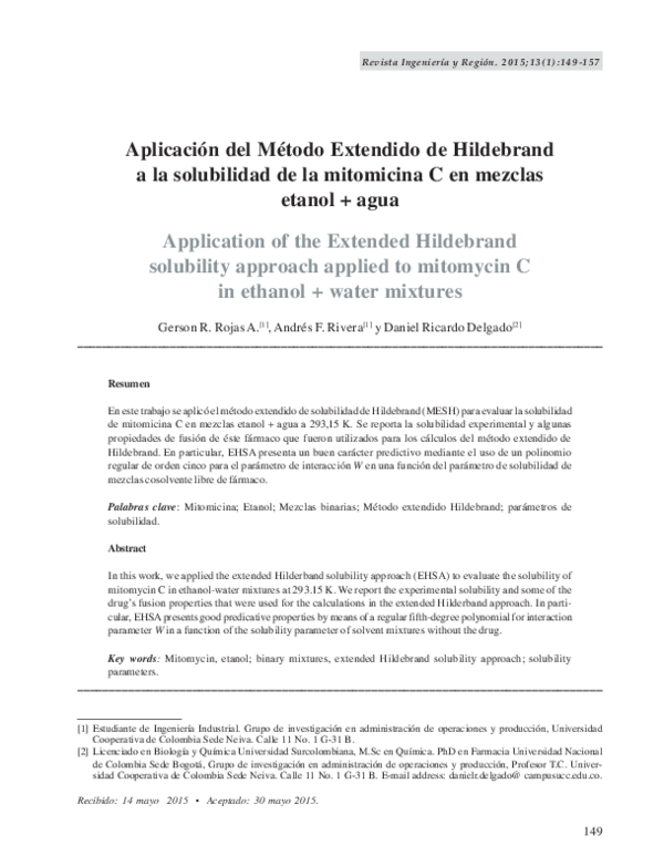 (PDF) Aplicación del Método Extendido de Hildebrand a la solubilidad de la mitomicina C en ...