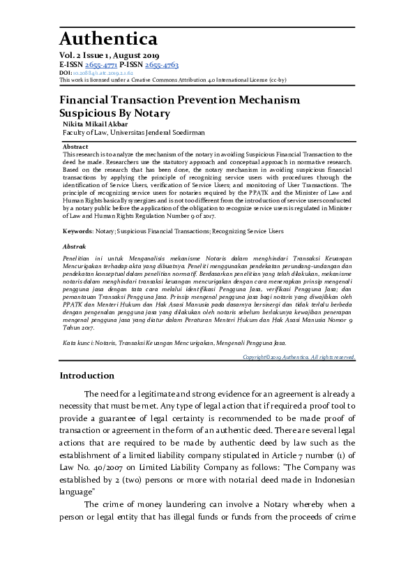 (PDF) Financial Transaction Prevention Mechanism Suspicious By Notary