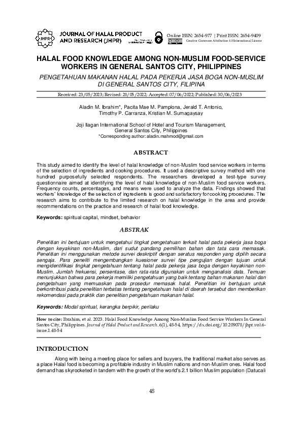 (PDF) Halal food knowledge among non-muslim food-service workers in ...
