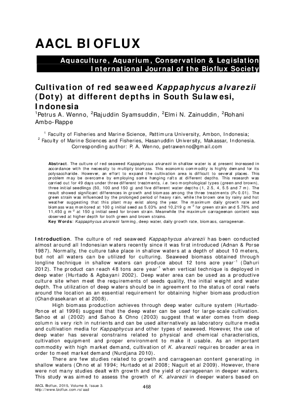 (PDF) Cultivation of red seaweed Kappaphycus alvarezii (Doty) at ...