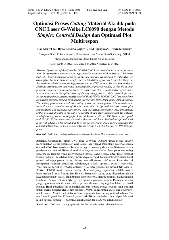 (PDF) Optimasi Proses Cutting Material Akrilik pada CNC Laser G-Weike LC6090 dengan Metode ...