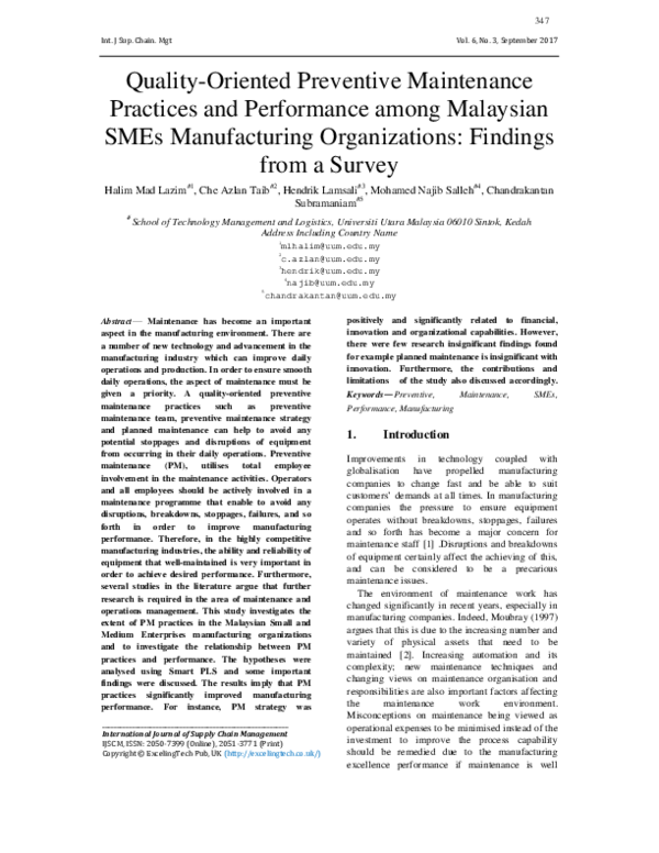 Pdf Quality Oriented Preventive Maintenance Practices And Performance Among Malaysian Smes