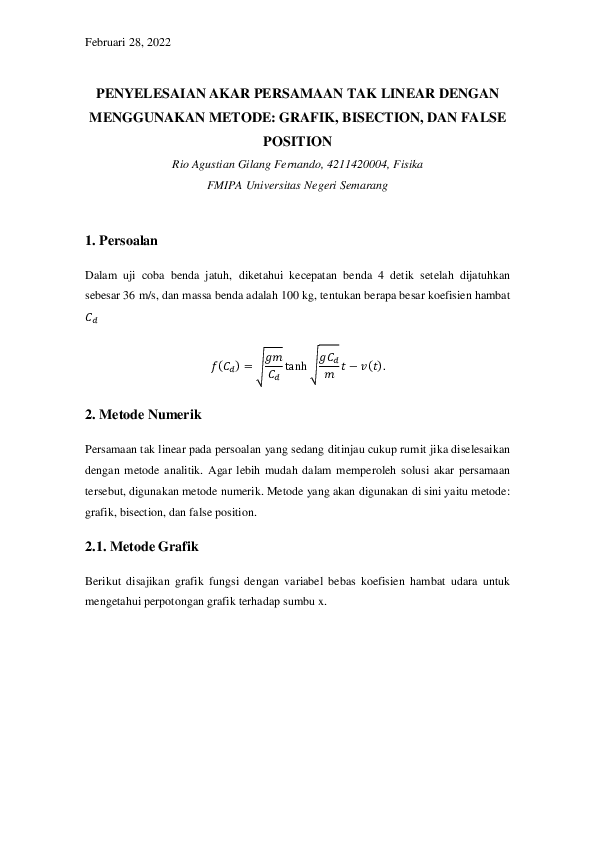 (PDF) PENYELESAIAN AKAR PERSAMAAN TAK LINEAR DENGAN MENGGUNAKAN METODE: GRAFIK, BISECTION, DAN ...