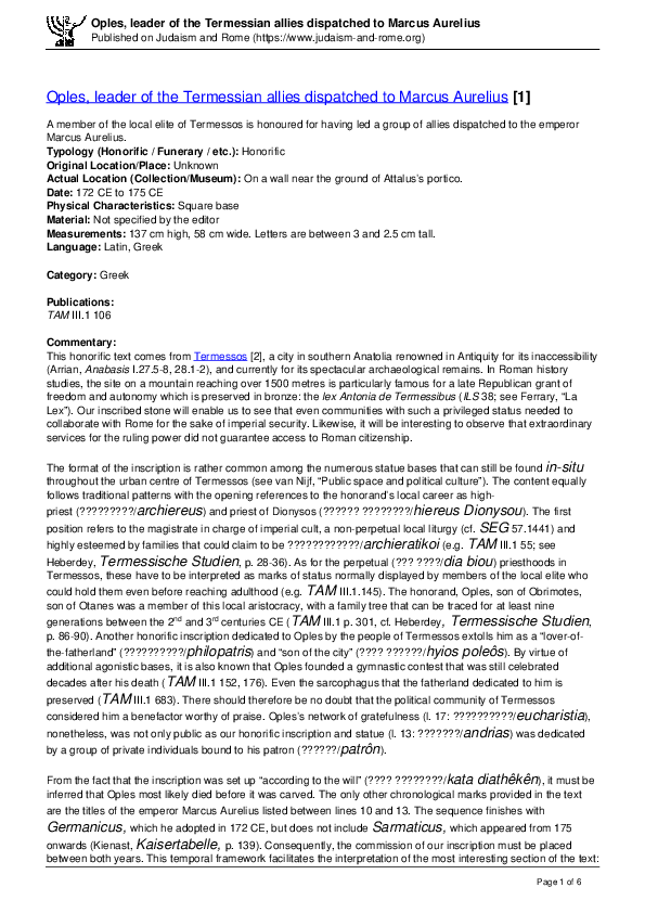 (PDF) Oples, leader of the Termessian allies dispatched to Marcus Aurelius
