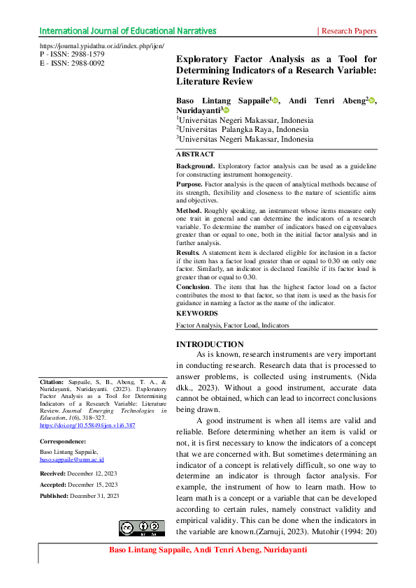 (PDF) Exploratory Factor Analysis as a Tool for Determining Indicators of a Research Variable ...