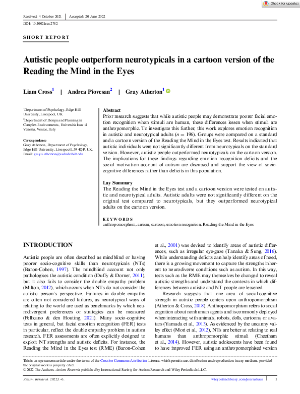 (PDF) Autistic people outperform neurotypicals in a cartoon version of ...