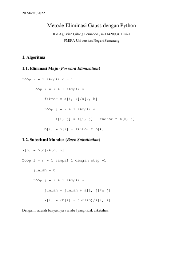 (PDF) Metode Eliminasi Gauss dengan Python