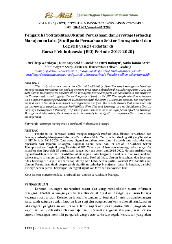 (PDF) Pengaruh Profitabilitas, Ukuran Perusahaan dan Leverage terhadap Manajemen Laba