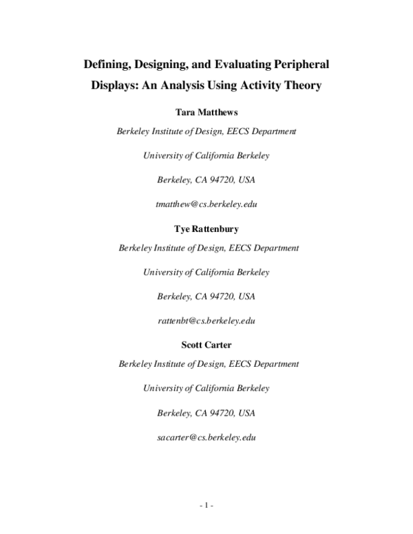 (PDF) Defining, Designing, and Evaluating Peripheral Displays: An Analysis Using Activity Theory