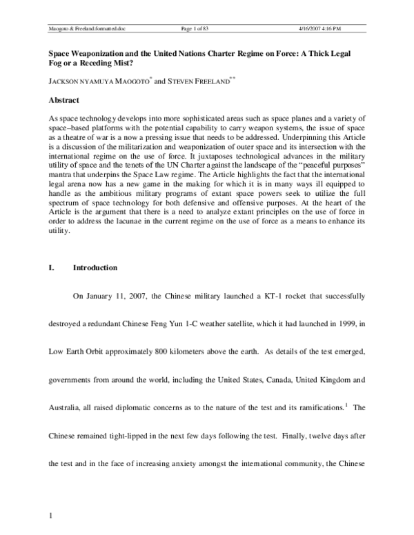 (PDF) Space Weaponization and the United Nations Charter Regime on ...