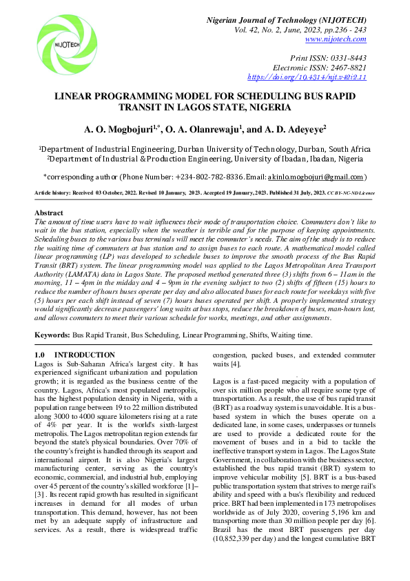 (PDF) Linear programming model for scheduling bus rapid transit in Lagos State, Nigeria