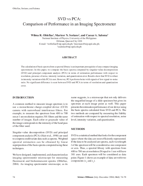 (PDF) SVD vs PCA: Comparison of Performance in an Imaging Spectrometer