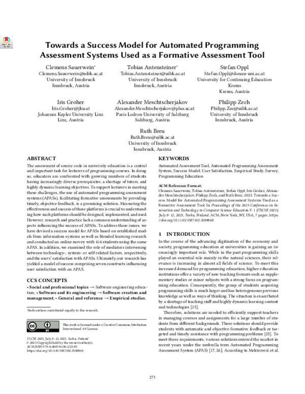 (PDF) Towards a Success Model for Automated Programming Assessment Systems Used as a Formative ...