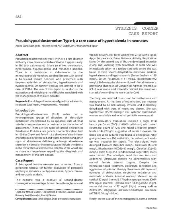 (PDF) Pseudohypoaldosteronism type-I: a rare cause of hyperkalemia in ...