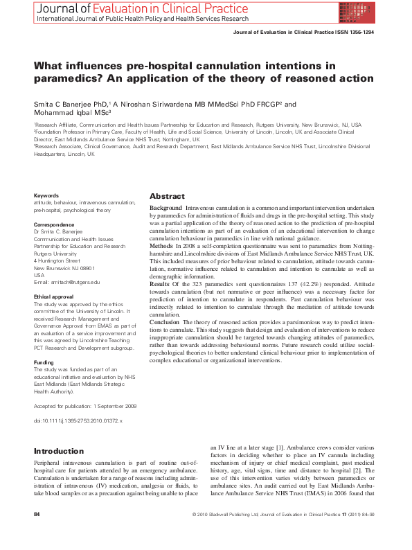 (PDF) What influences pre-hospital cannulation intentions in paramedics ...