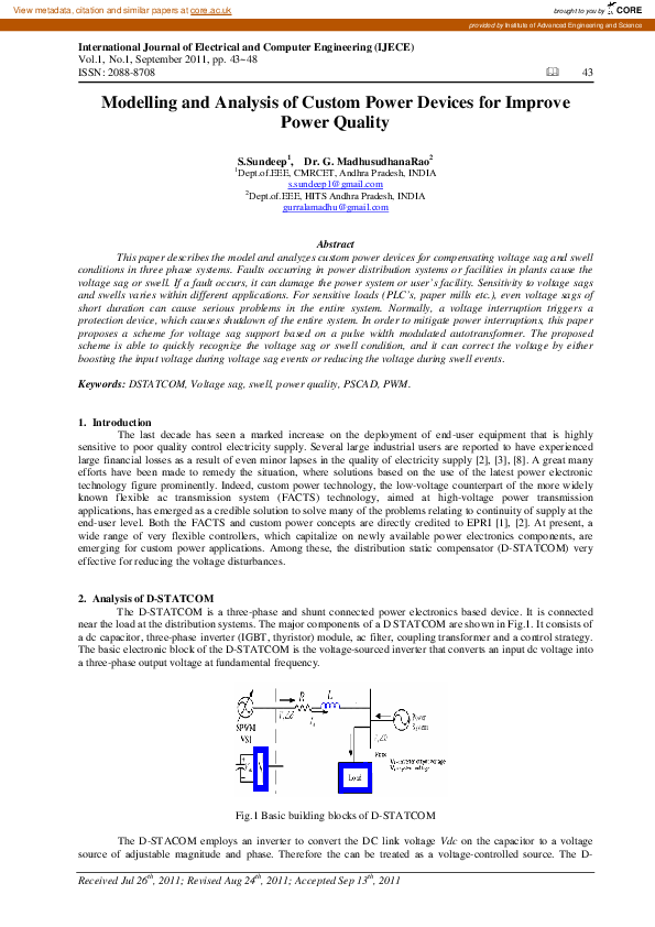 (PDF) Modelling and Analysis of Custom Power Device for Improve Power Quality